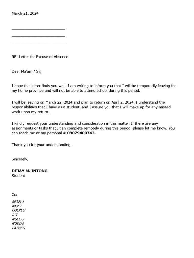 Letter for Excuse of Absence | PDF