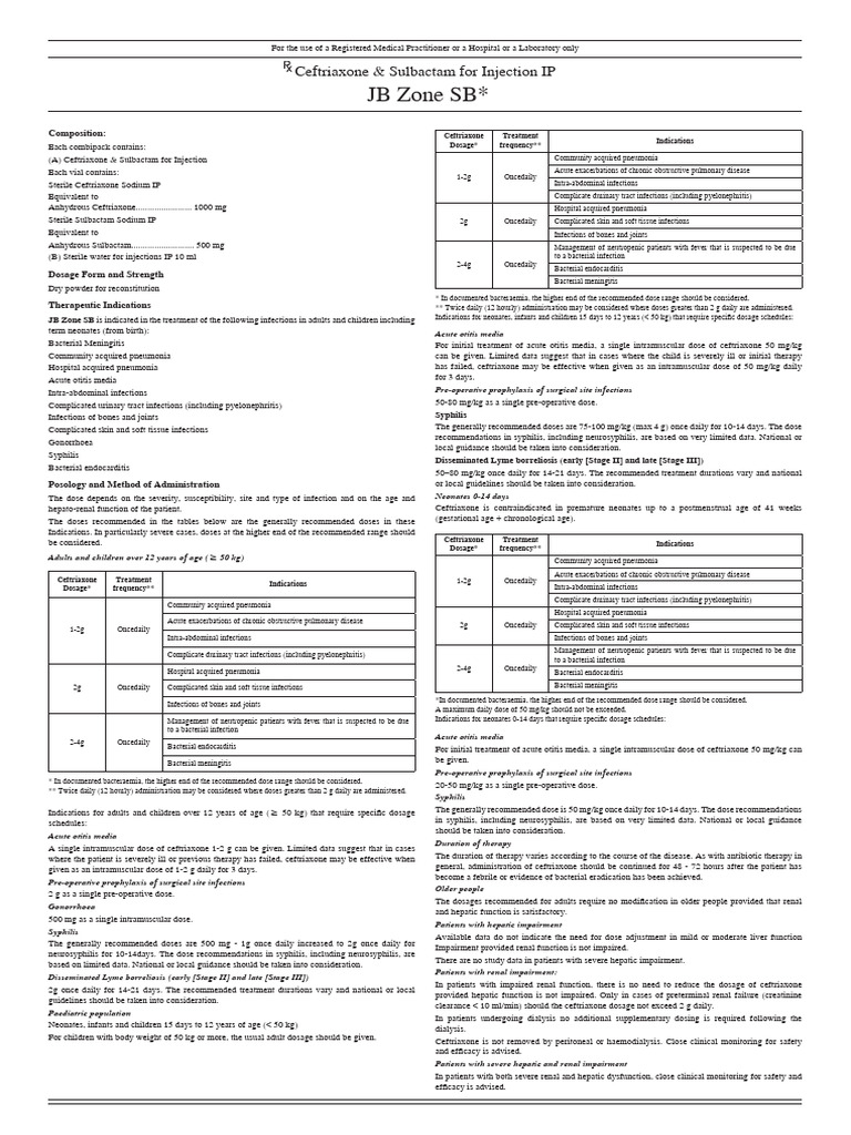 JB ZONE SB 1.5g Injection | PDF | Dose (Biochemistry) | Chemistry