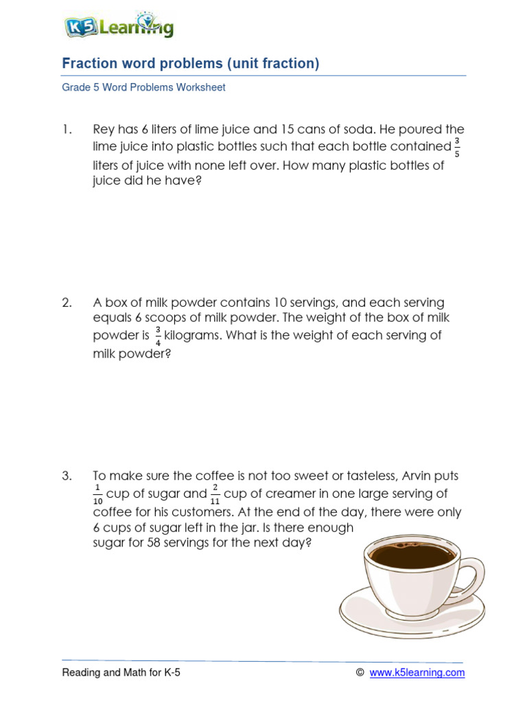 Grade 5 Word Problems Divide Unit Fractions e | PDF | Mug | Drink