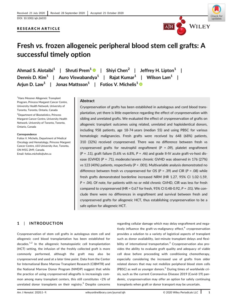 Fresh vs. Frozen Allogeneic Peripheral Blood Stem Cell Grafts - 2020 ...