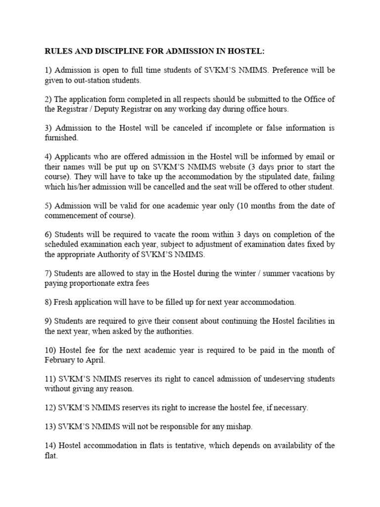 NMIMS Hostel Rules and Regulations | PDF | Hostel