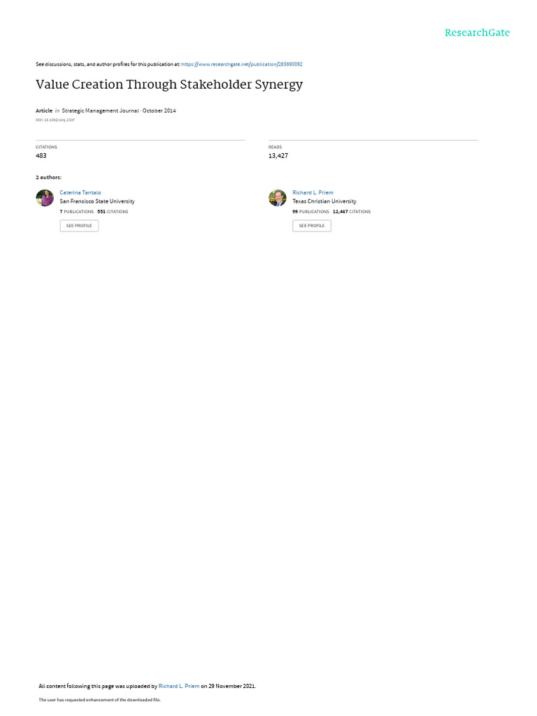 Value Creation Through Stakeholder Synergy | PDF | Stakeholder ...