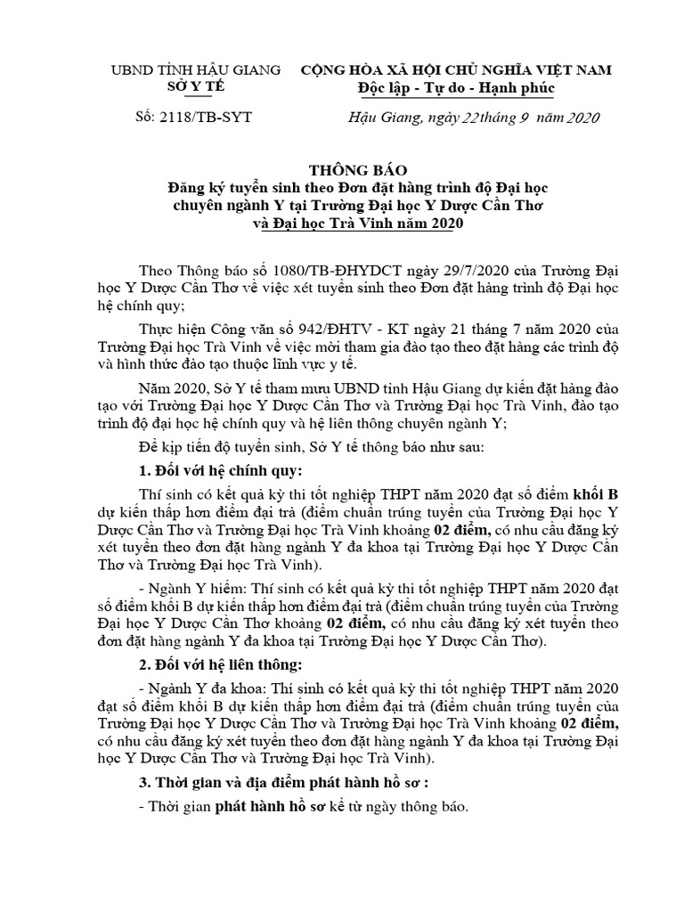 TB Dang Ky Tuyen Sinh Theo Don Dat Hang 02 - t09 2020 | PDF