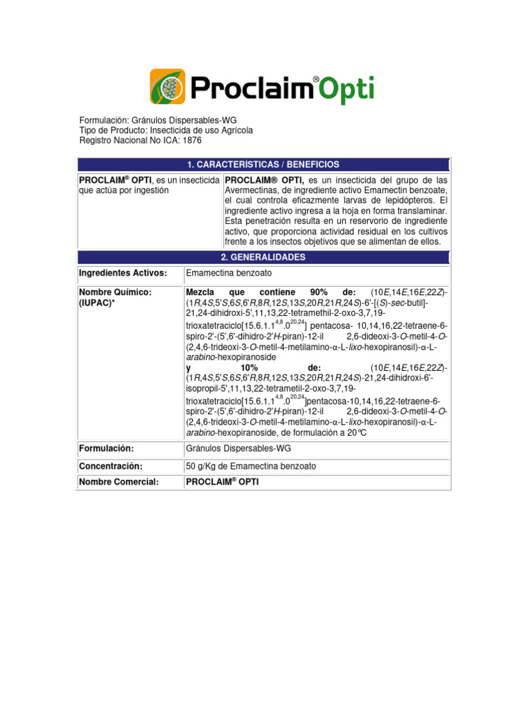 Proclaim Opti Ficha Tecnica 24mayo2022 | PDF | Agua | Insecticida