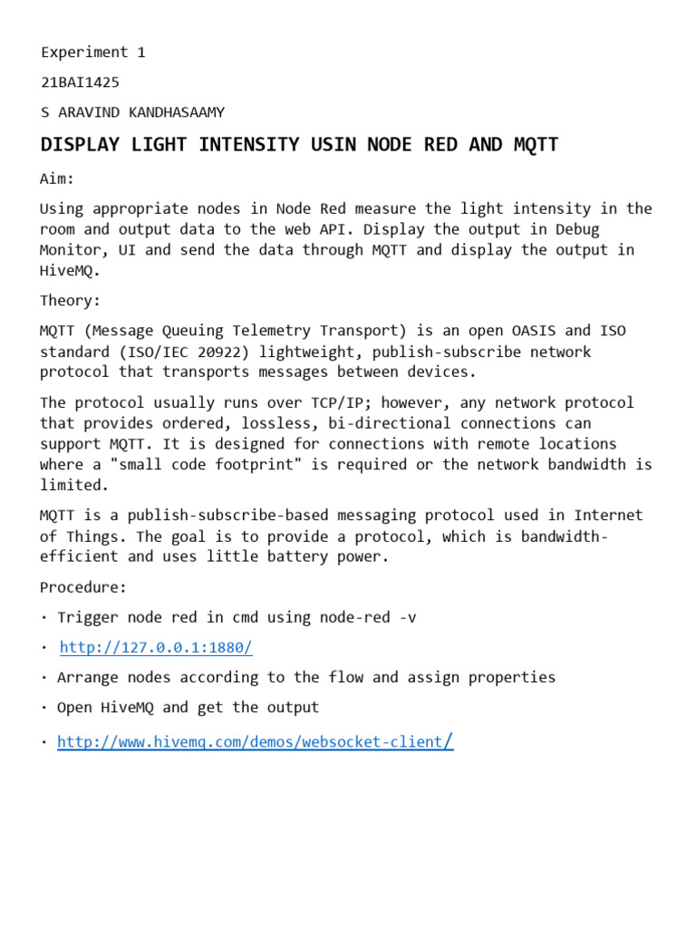 21BAI1425 Experiment 1 IOT (1) | PDF