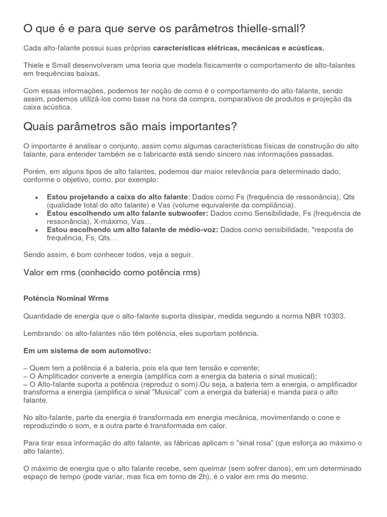 Parâmetros Thiele-Small e Sensibilidade | PDF | Alto-falante | Potência ...