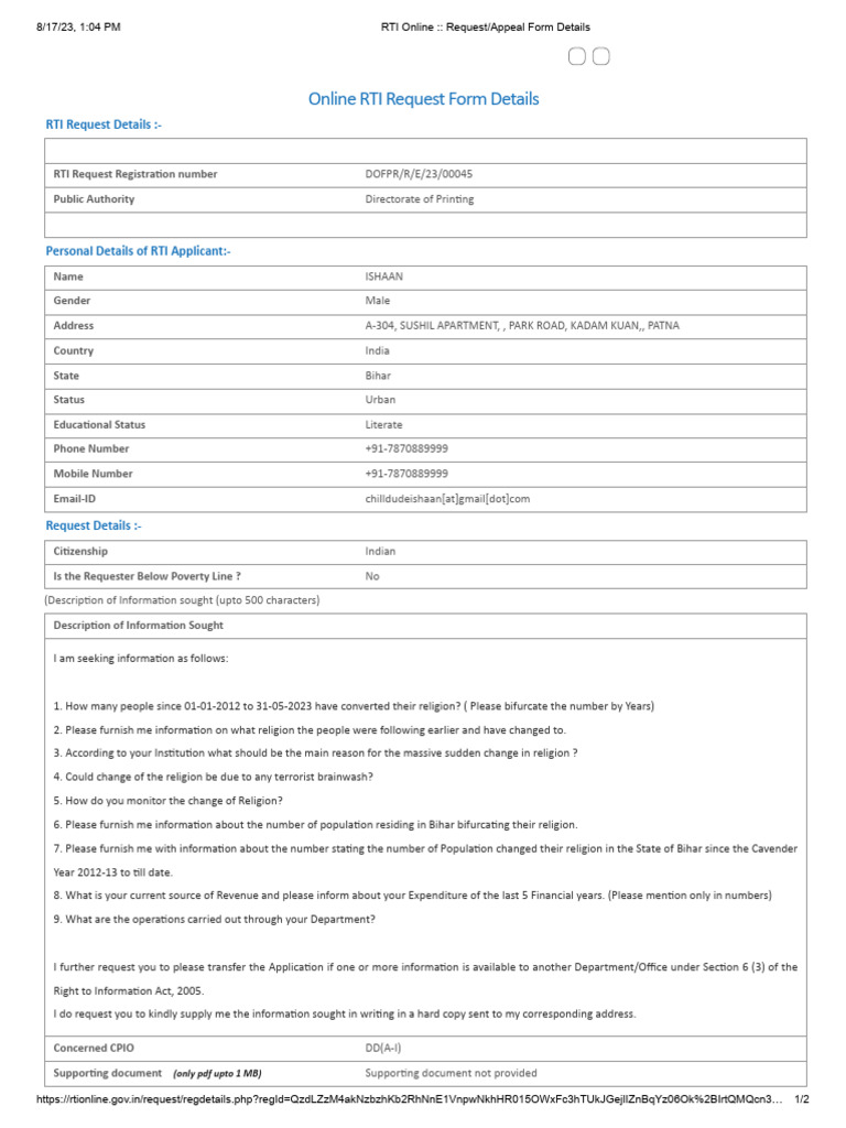 RTI Application | PDF