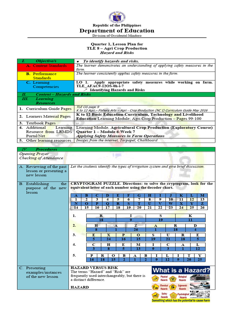TLE 8 Lesson Plan: Farm Hazards & Risks | PDF | Risk | Hazards