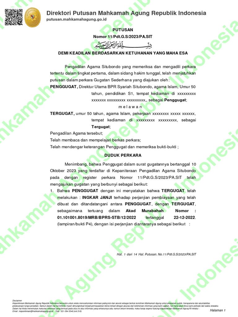 Putusan Pengadilan Agama Situbondo 2023 | PDF