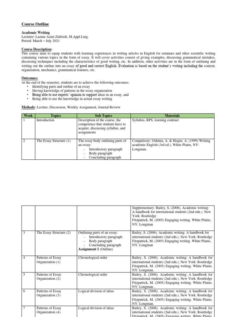 Academic Writing Course Outline | PDF | Essays | Writing