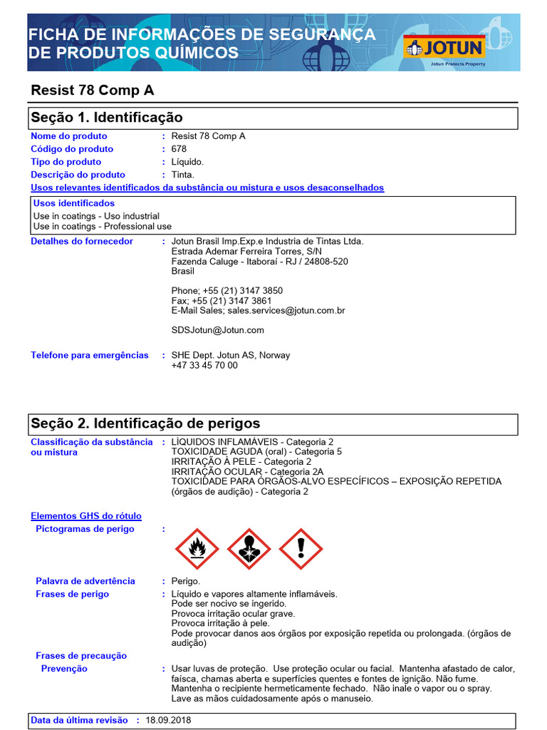 FISPQ - Resist 78 Comp A (Jotun) | PDF | Desperdício | Águas residuais
