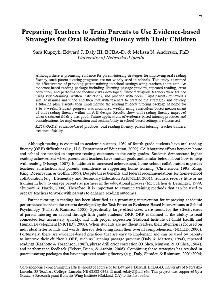 Preparing Teachers To Train Parents To Use Evidence-Based Strategies For Oral Reading Fluency ...