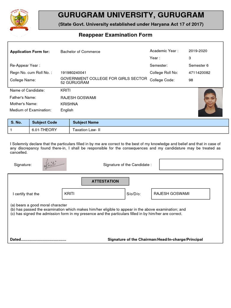 Reappear-Examination Form | PDF
