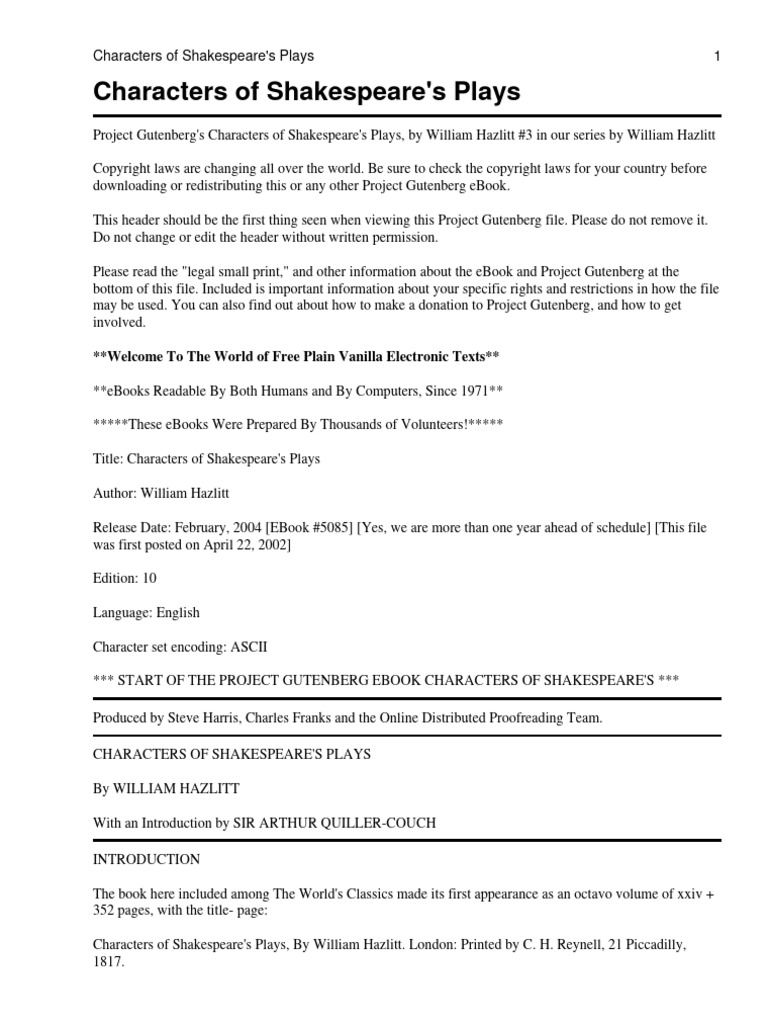 HAZLITT Despre Shakespeare | PDF | Project Gutenberg | William Shakespeare