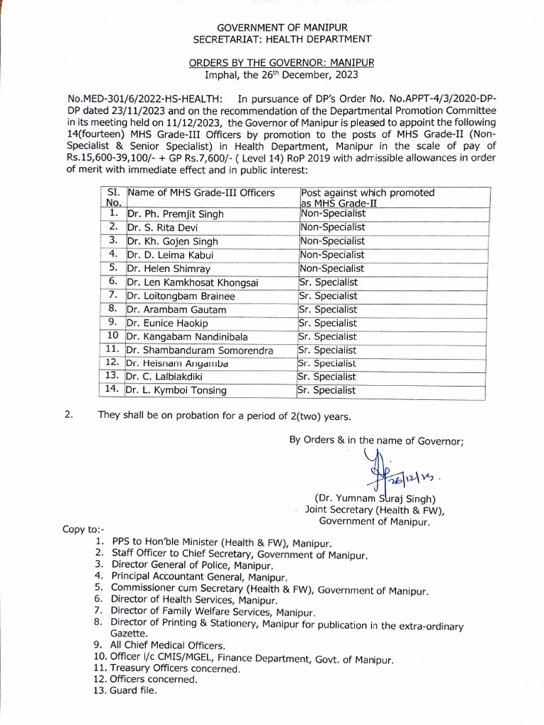 Promotion Order MHS Grade III To II - 26-12-23 Manipur | PDF ...