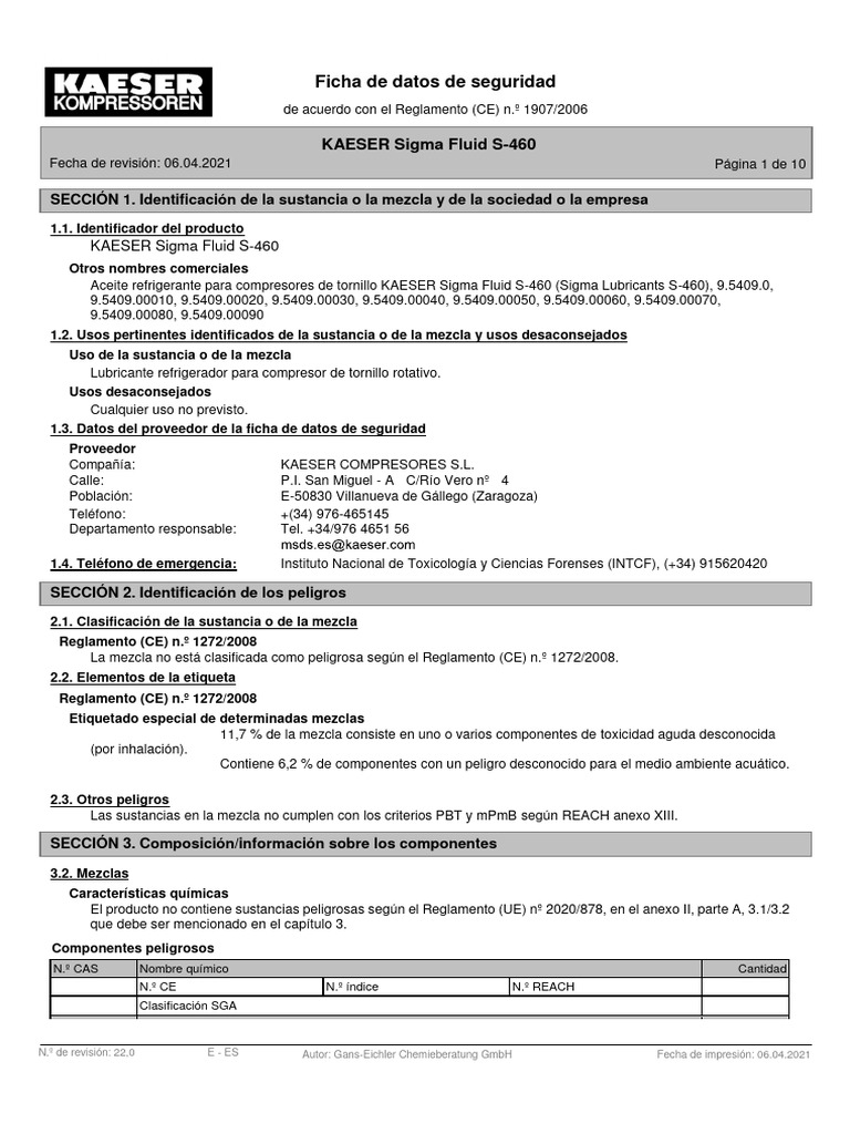 Ficha Seguridad Aceite S 460 Kaeser | PDF | Residuos | Agua
