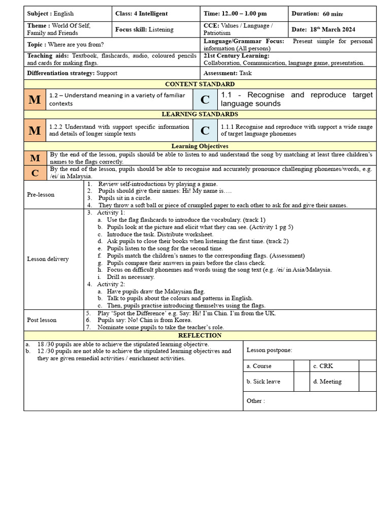 Lesson 1 (Year 4) | PDF | Flashcard | English Language