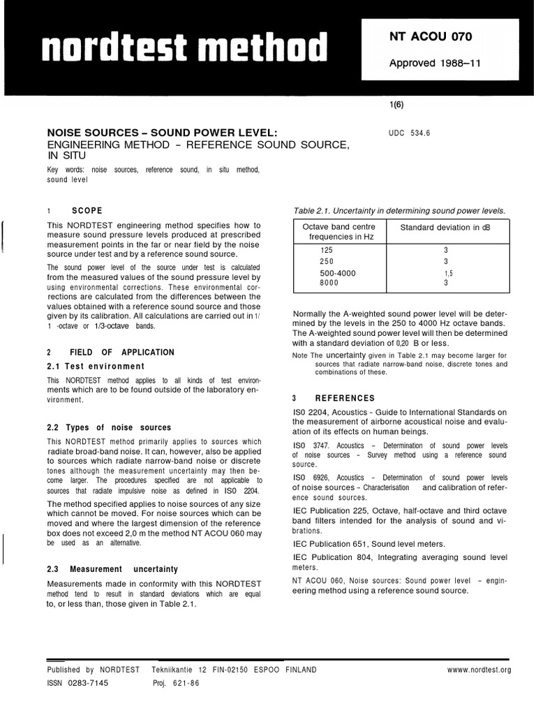 NT Acou 070 - Noise Sources - Sound Power Level - Engineering Method - Reference Sound Source ...