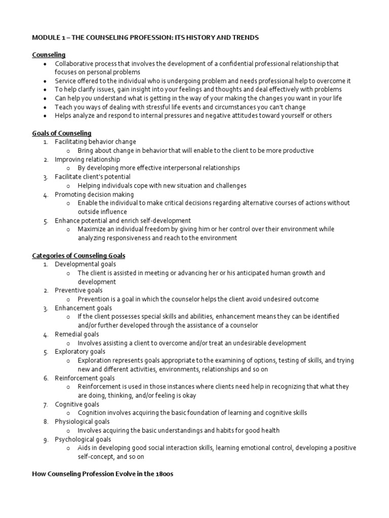 MODULE 1 - COUNSELING HISTORY AND TRENDS | PDF | Psychotherapy | Psychology