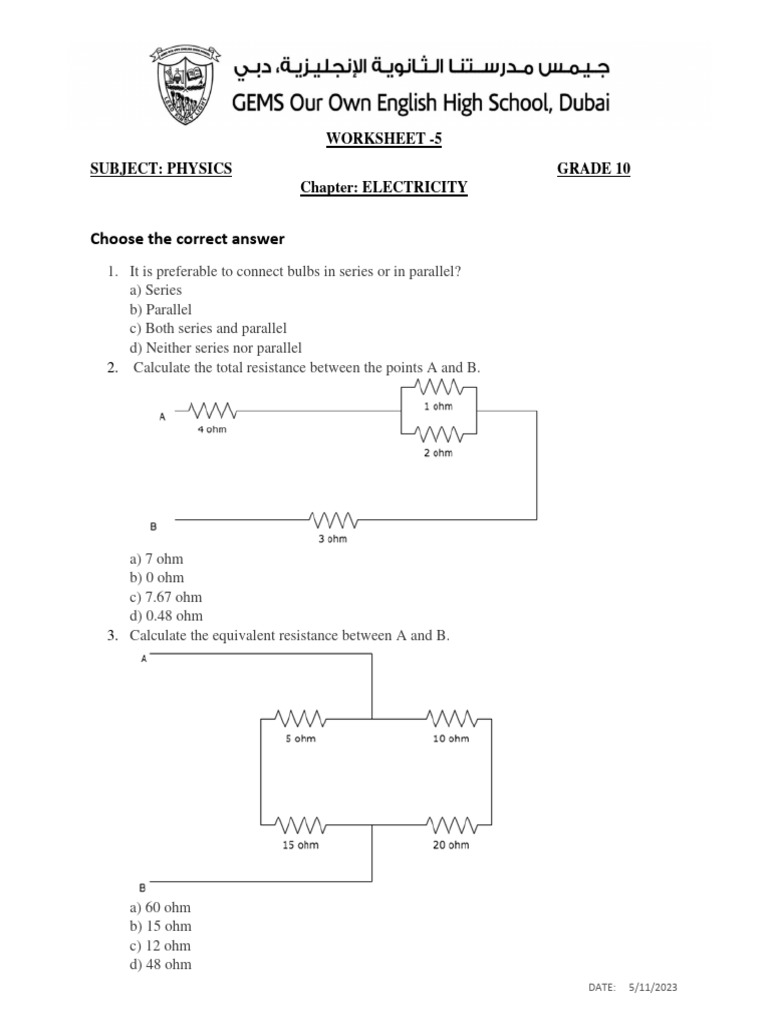 Electricity Worksheet 5 | PDF | Series And Parallel Circuits ...