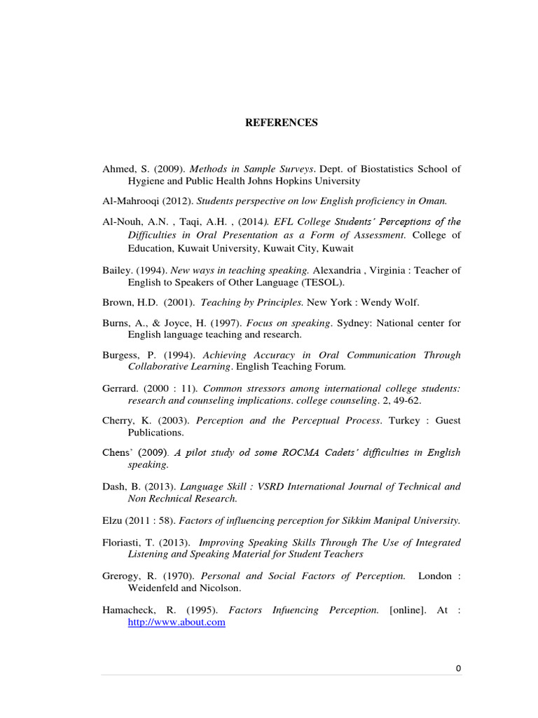 Students' difficulties in learning English speaking skill at SMA N 5 Jambi REFERENCES | PDF ...