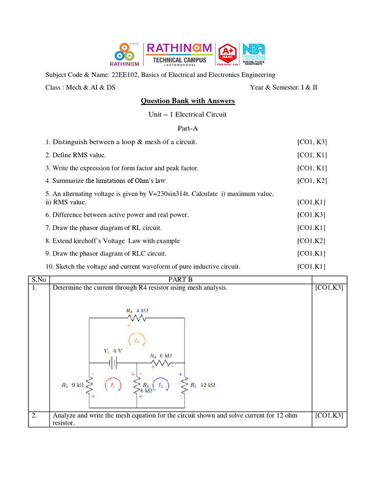 Question Bank Unit 1&2 BEEE 18.3.24 | PDF | Electric Motor | Electrical ...