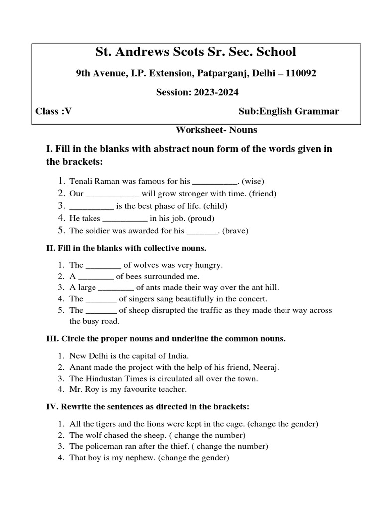 English Grammar - Worksheet Nouns (V) | PDF