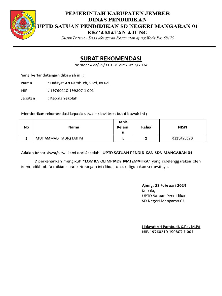 Surat Rekom Lomba Siswa 2024 | PDF
