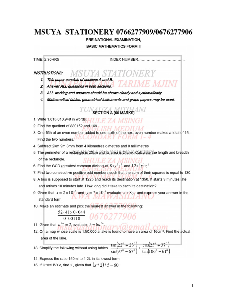 Basic Math Form 2 Pre-Nation - 2011 | PDF | Area | Arithmetic