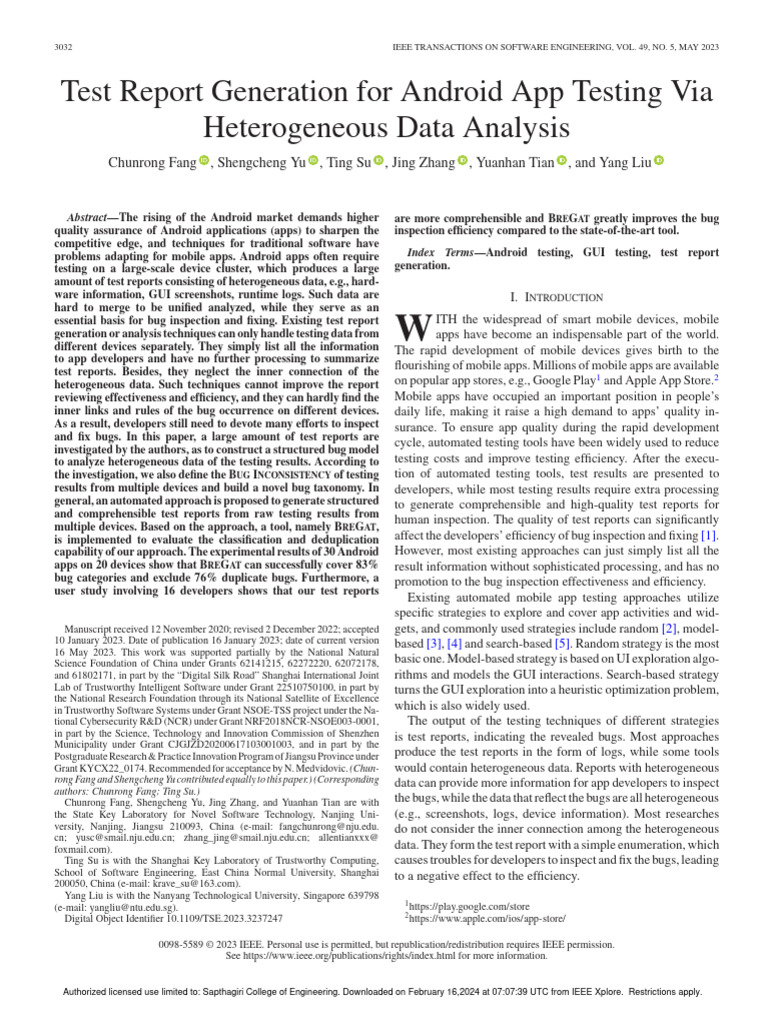 Test Report Generation For Android App Testing Via Heterogeneous Data Analysis Pdf Android