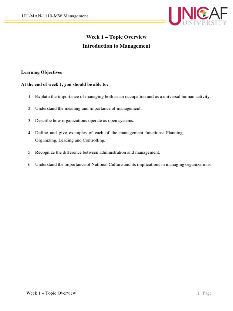Week 1 Introduction To Management Pdf Motivation Motivational