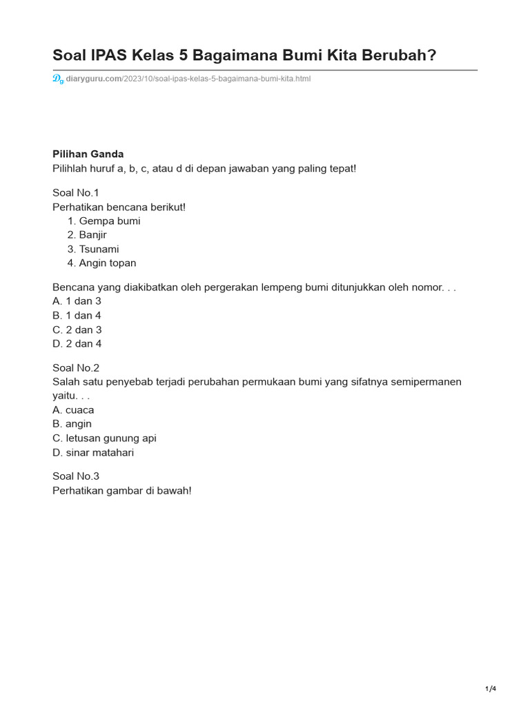 Soal IPAS Kelas 5 Bagaimana Bumi Kita Berubah | PDF