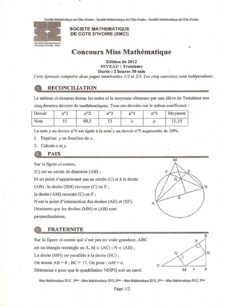 Miss Maths 2012 Niveau 3eme | PDF