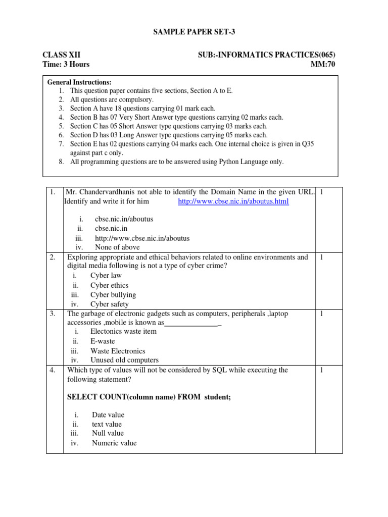 Class XII Informatics Practices Sample Paper | PDF | Computing