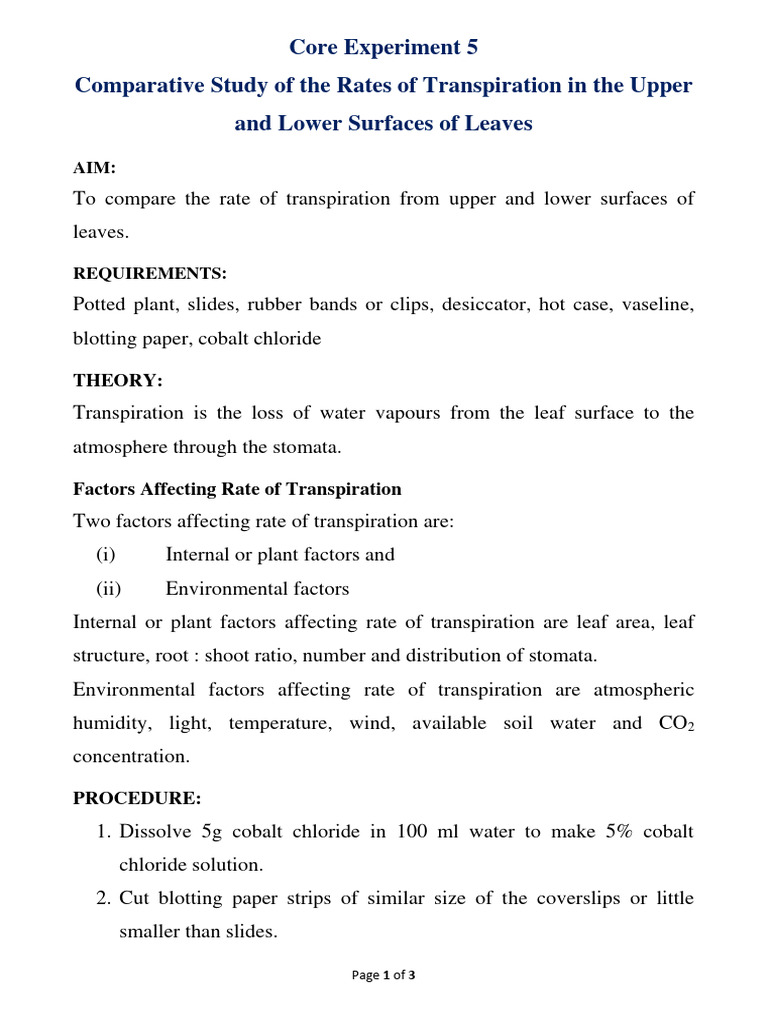 Core Experiment 5 Comparative Study of Rate of Transpiration | PDF ...