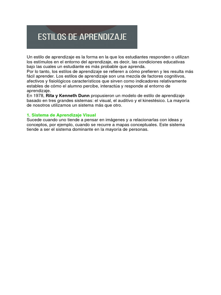 ESTILOS DE APRENDIZAJE | PDF | Aprendizaje | Aprendiendo estilos