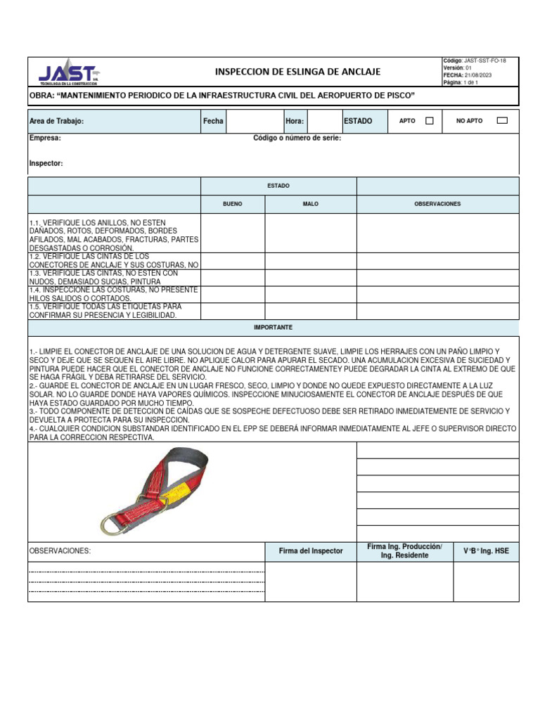 JAST-SST-FO-18 Inspeccion de Pre Uso de Eslinga de Anclaje | PDF ...
