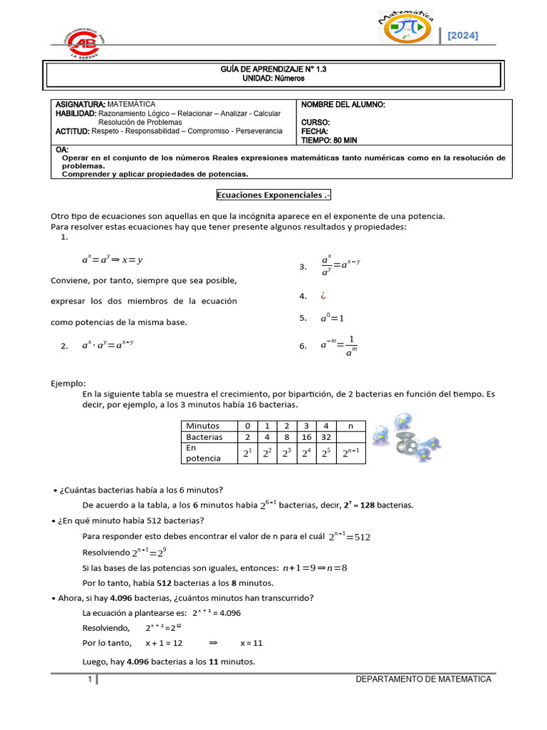 Unidad 1 Guia de Aprendizaje 1.4 Segundo A Ecuaciones Exponenciales ...