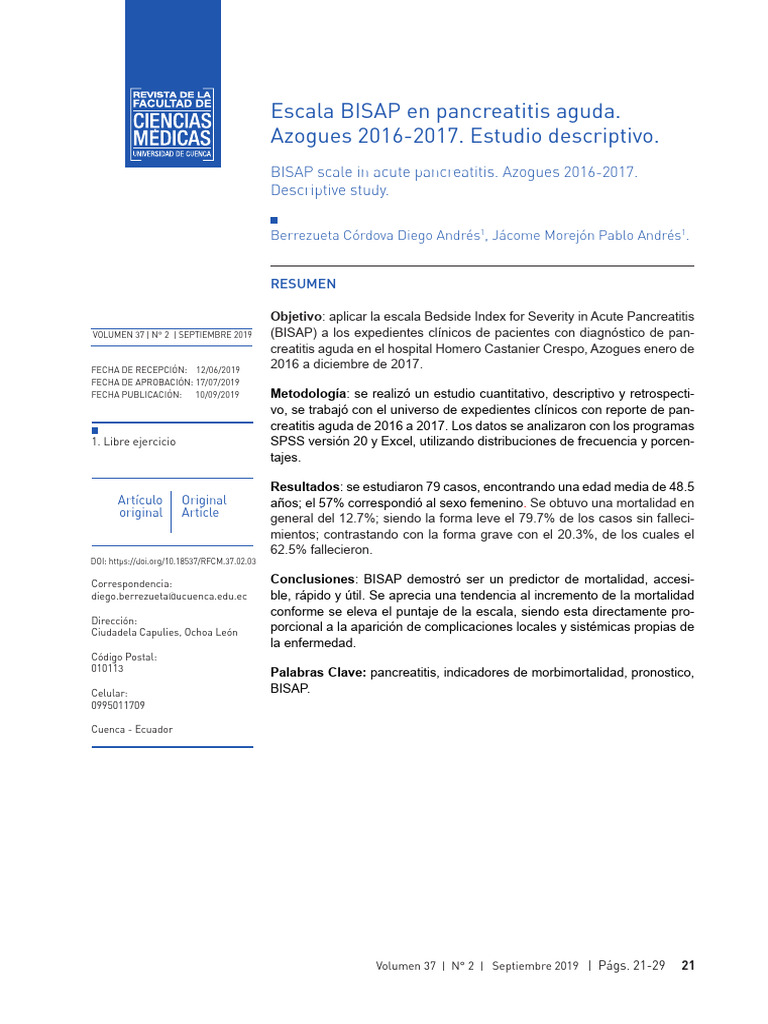 Escala BISAP Pancreatitis Aguda | PDF | Sistema digestivo | Medicina ...