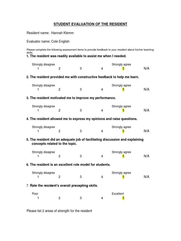 Resident Evaluation Feedback Form | PDF | Learning | Cognitive Psychology