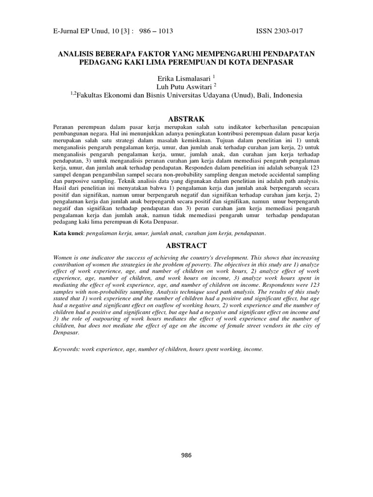 Analisis Beberapa Faktor Yang Mempengaruhi Pendapatan Pedagang Kaki Lima Perempuan Di Kota ...