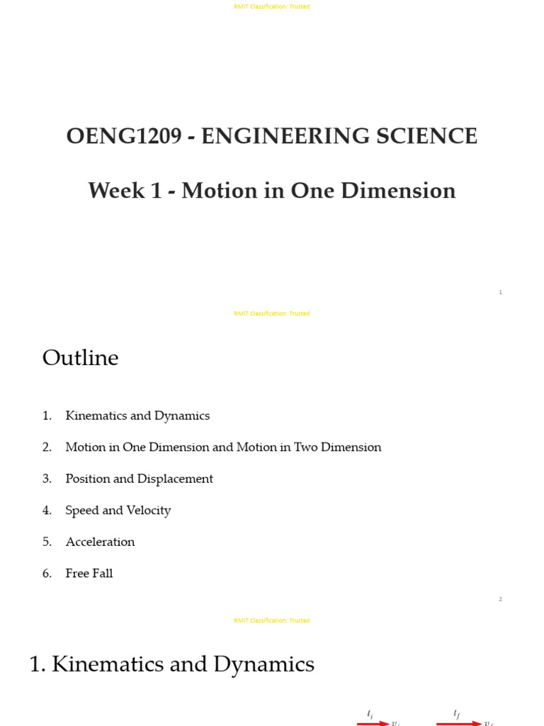 OENG1209 2024A wk1 Motion 1D | PDF | Velocity | Acceleration
