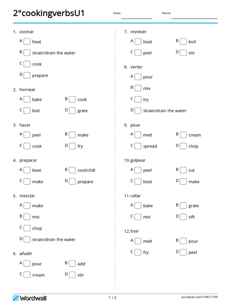 Cooking Verbs Writing-Quiz | PDF