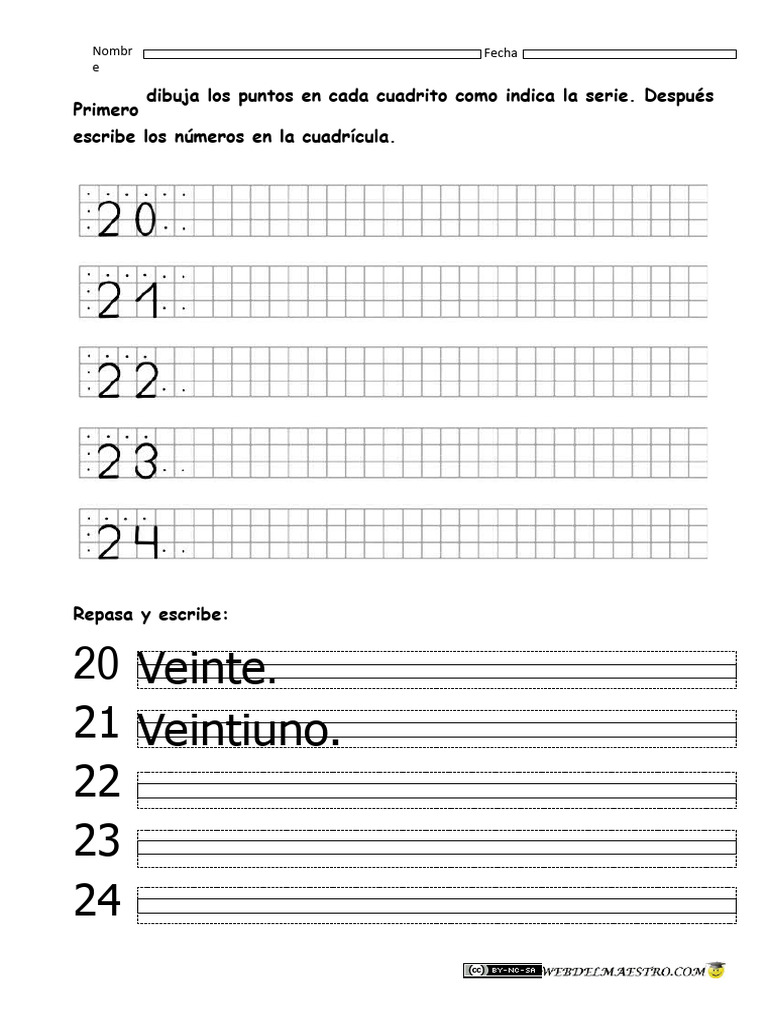 Escritura-de-números-del-20-al-24 | PDF