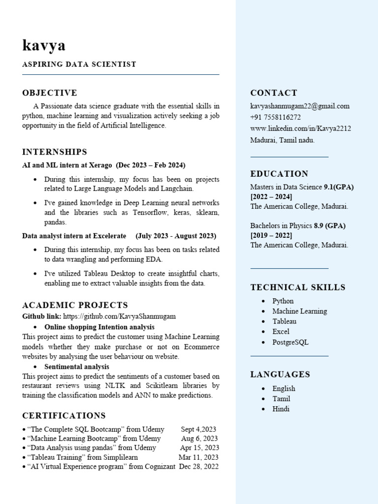 Resume Kavya | PDF | Machine Learning | Artificial Intelligence