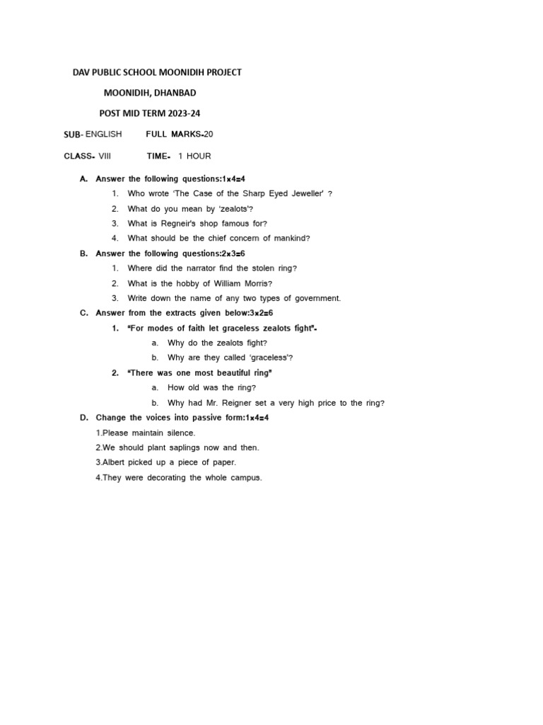 Dav Public School Moonidih Project Moonidih, Dhanbad POST MID TERM 2023-24 Sub | PDF