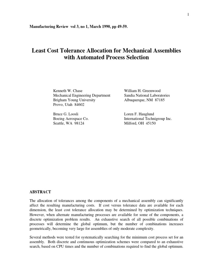 Least Cost Tolerance Allocation For Mechanical Assemblies With Automated... | PDF | Mathematical ...