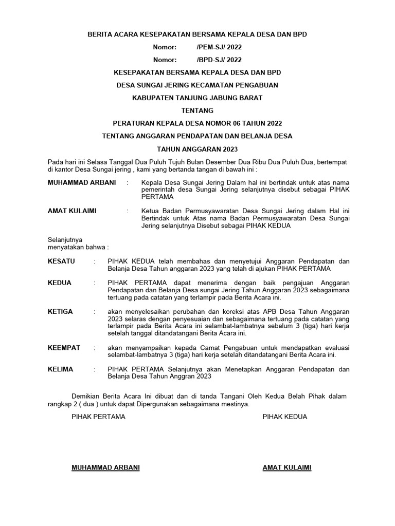 BERITA ACARA KESEPAKATAN BERSAMA KEPALA DESA DAN BPD 2023fix | PDF