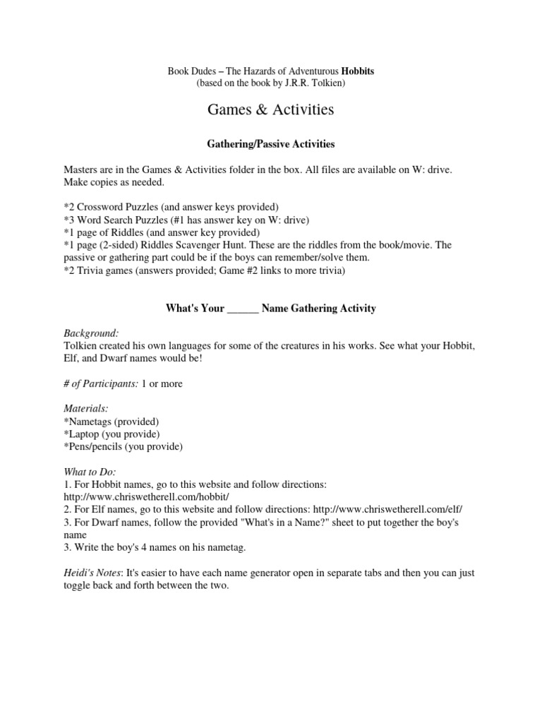 Game and Activities Fot The Hobbit | PDF | The Hobbit | Bilbo Baggins