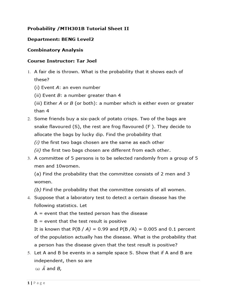 Tutorial Sheet2 Probability | PDF | Scientific Method | Applied Mathematics